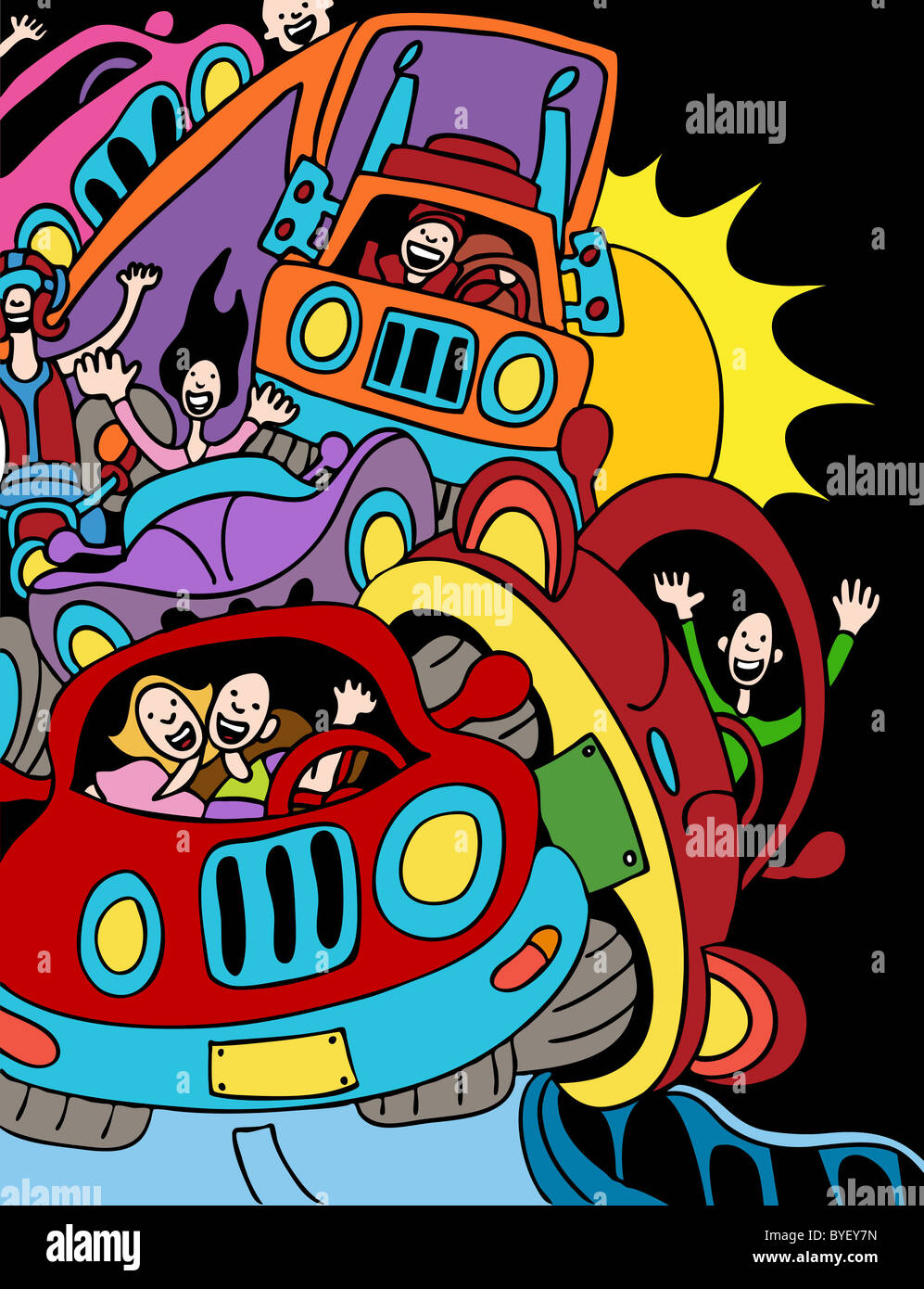 A cartoon of people driving on the highway Stock Photo - Alamy