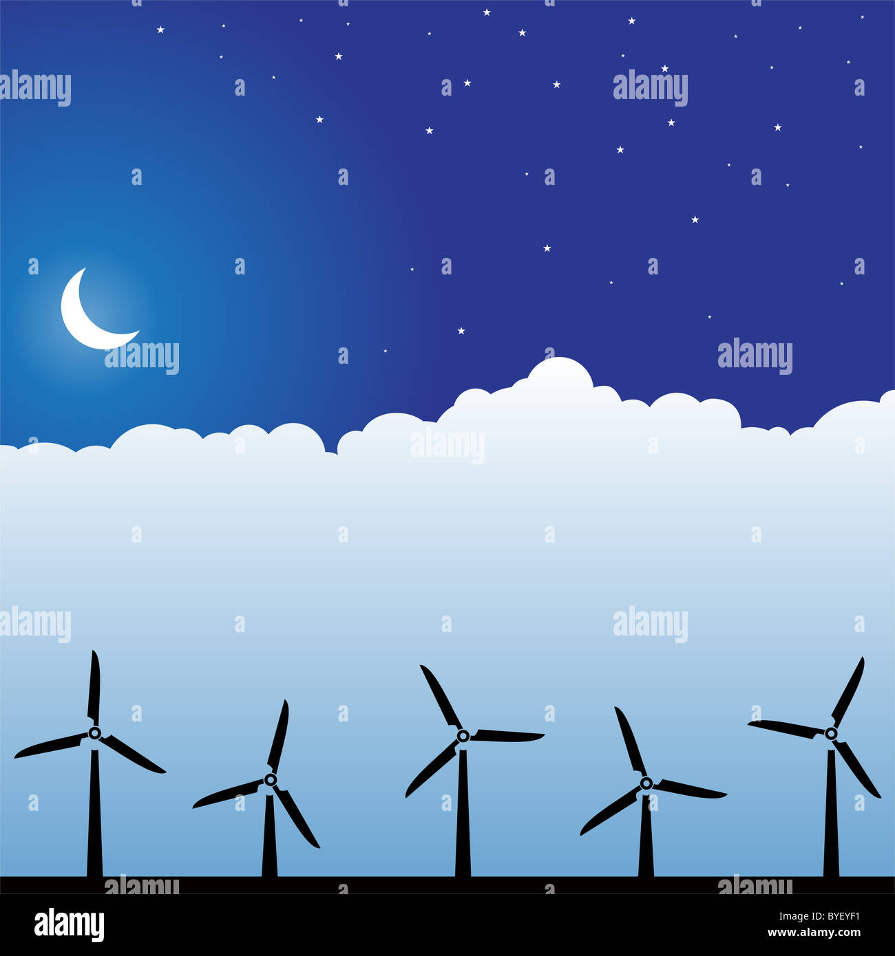 Background night scene with clouds and moon with wind turbines Stock ...