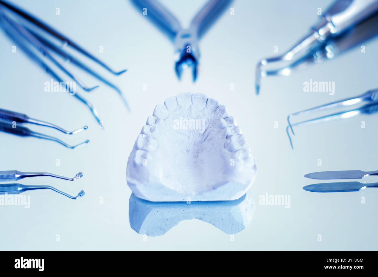 Gypsum dentures surrounded by dental instruments , shallow dof Stock ...