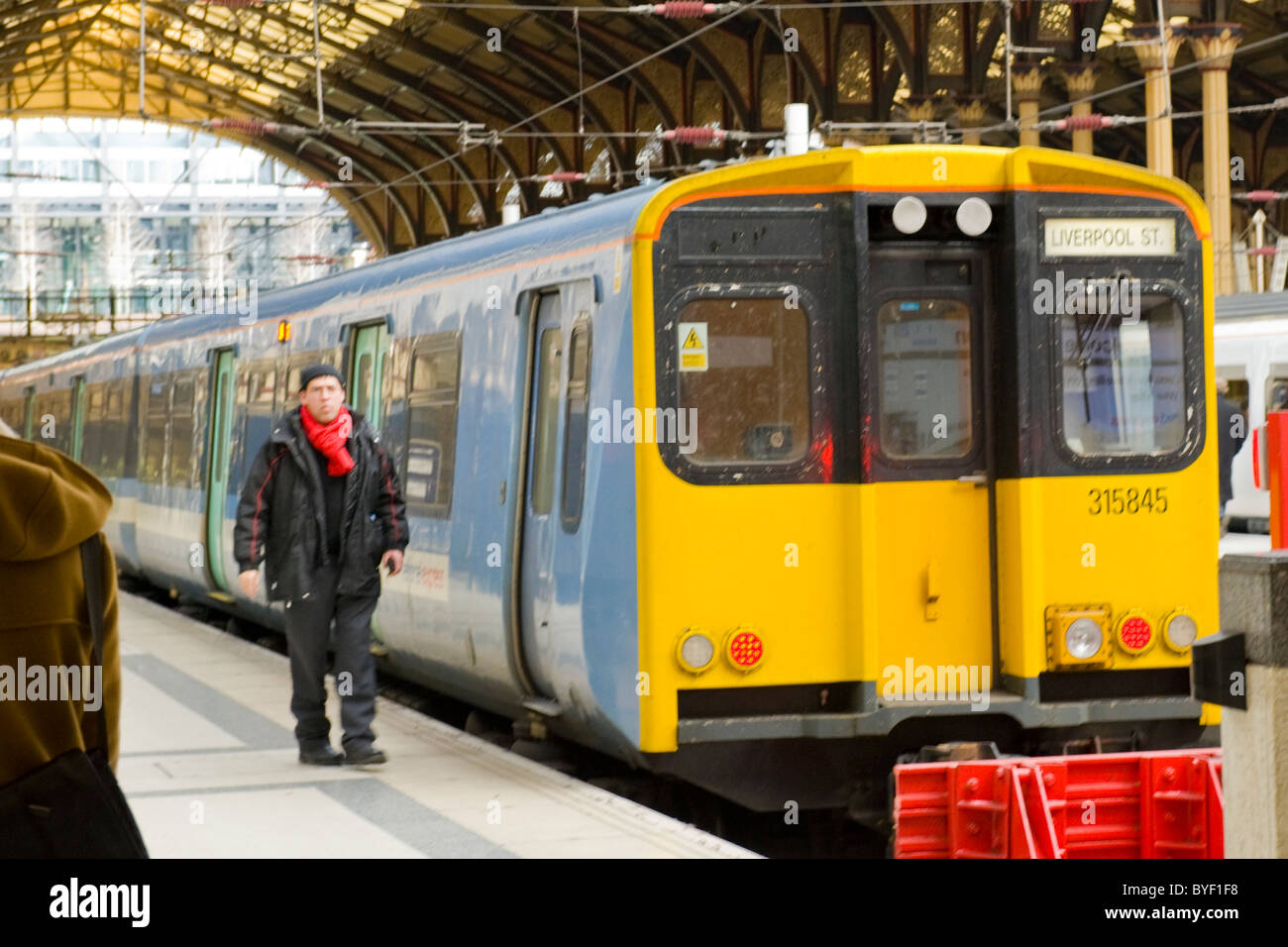 London , Liverpool Street Station , National Express train arrives at ...