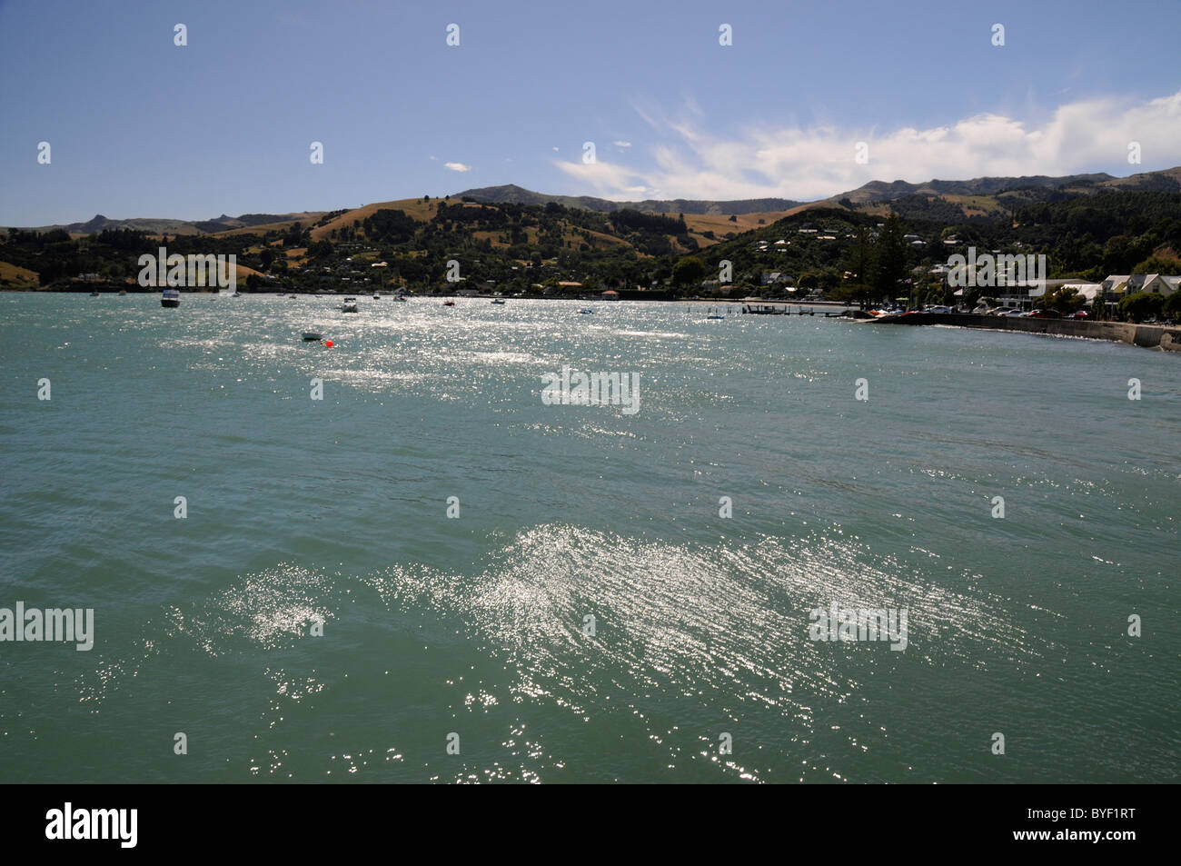 French Bay in the small picturesque historic town of Akaroa on Akaroa ...