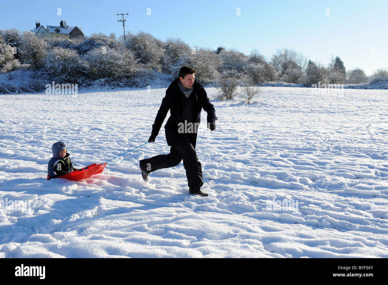 Father pulling son on sledge in winter snow England Uk Stock Photo - Alamy