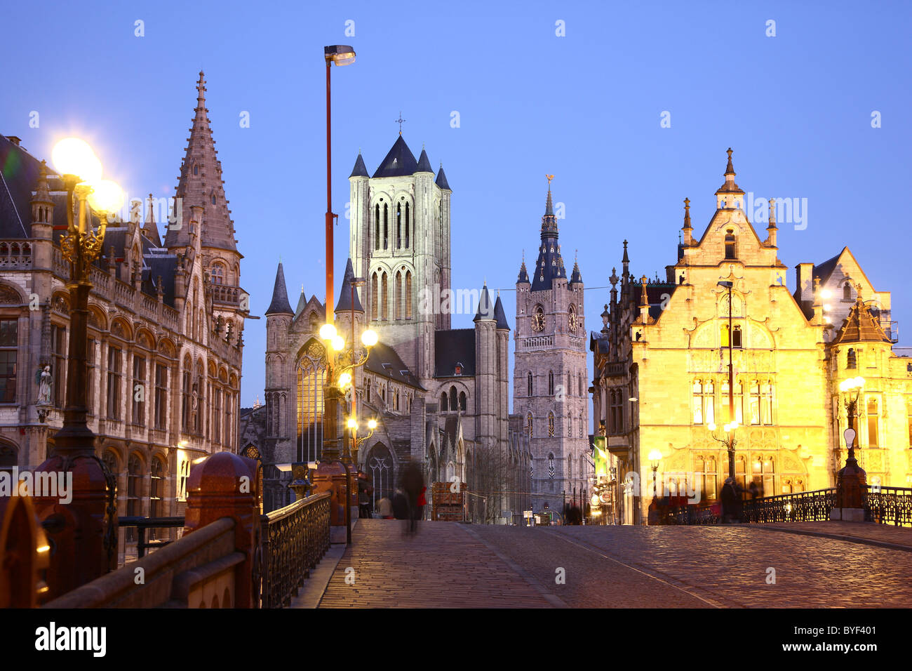 Old town, historic houses in the old town, river Leie, Ghent, East ...