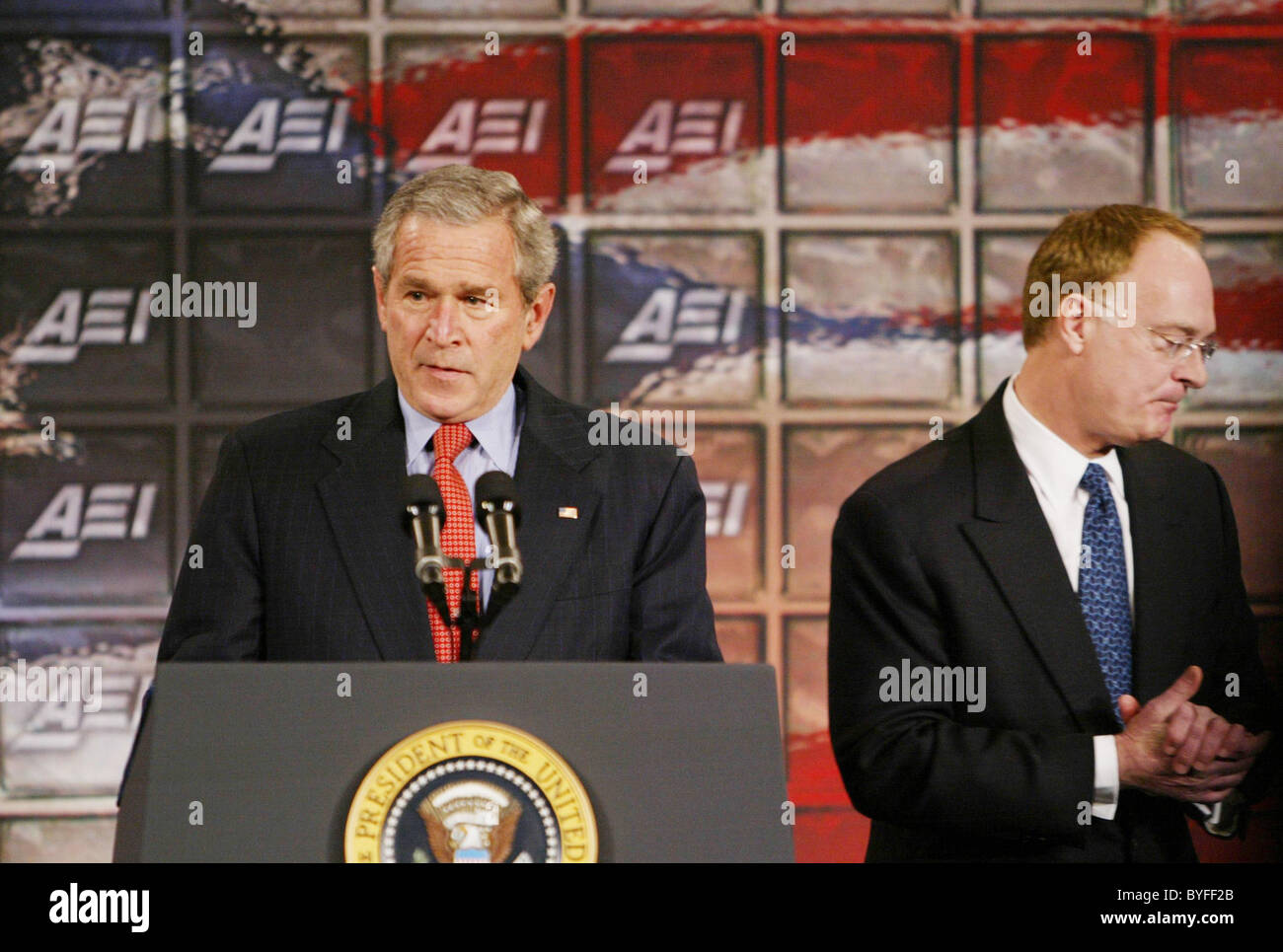 President of AEI Christopher Demuth introduces President Bush at a ...