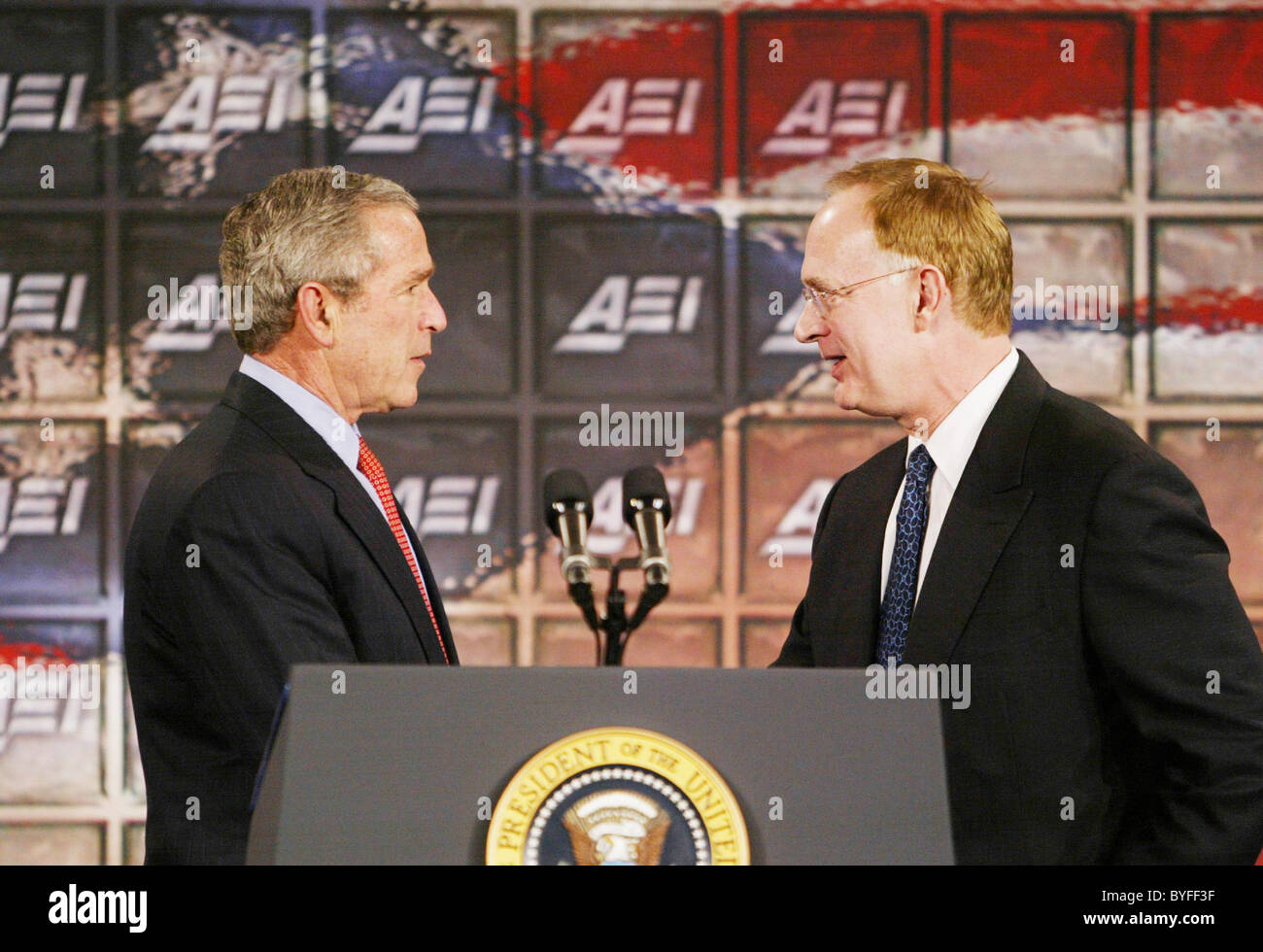 President of AEI Christopher Demuth introduces President Bush at a ...