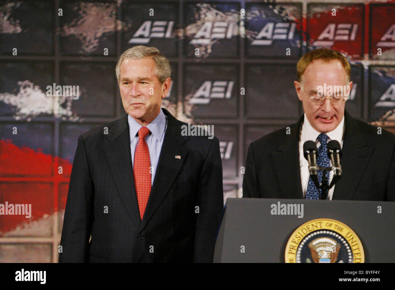 President of AEI Christopher Demuth introduces President Bush at a ...