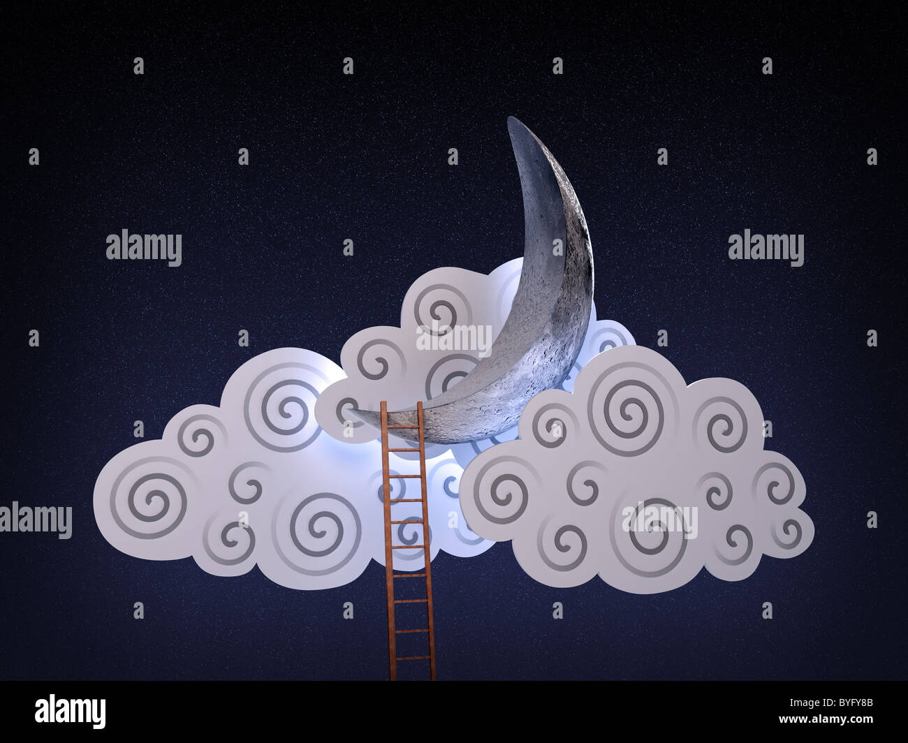 Abstract 3D illustration of a ladder leading to the Moon in clouds ...