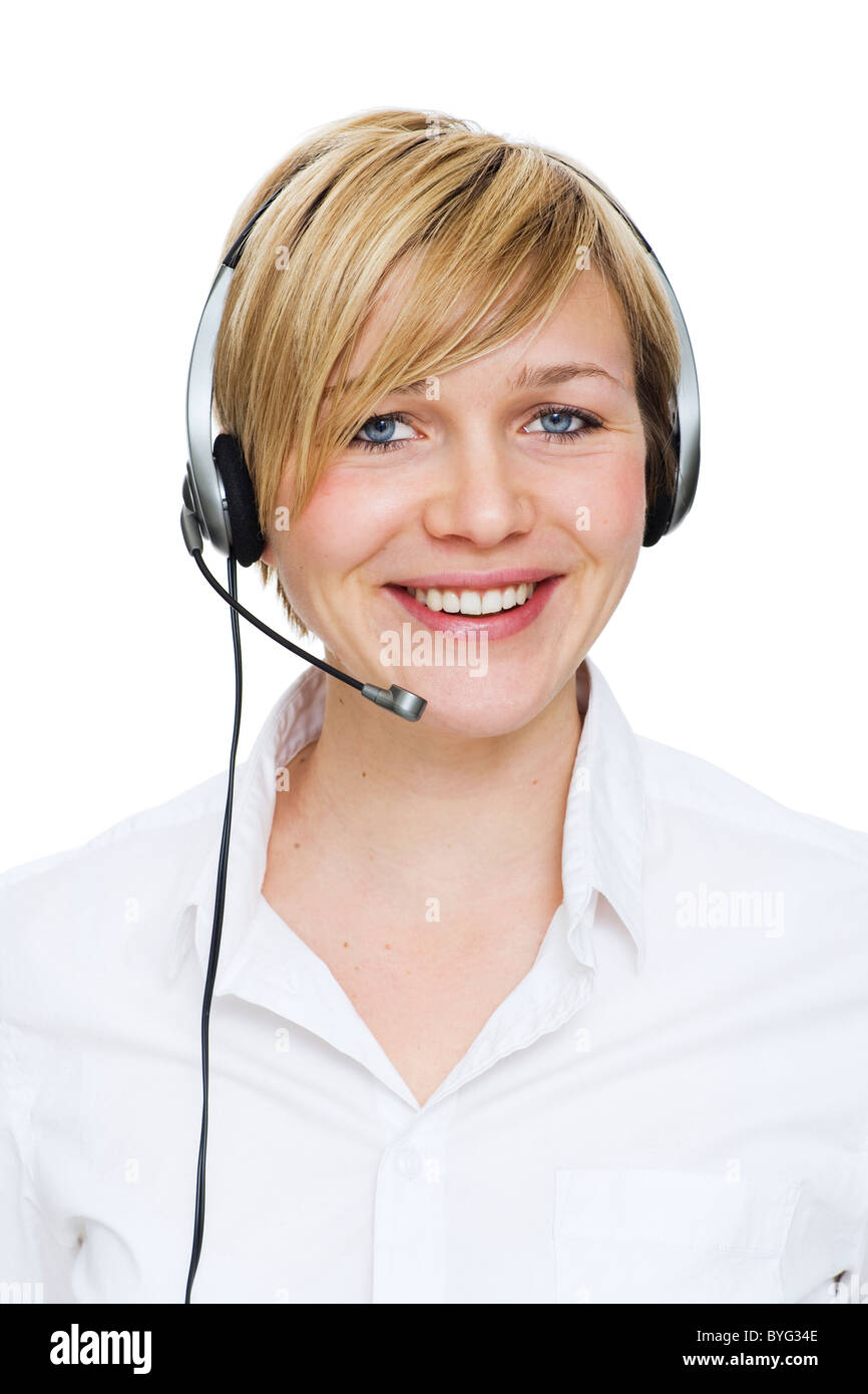 Receptionist with headphones against white background, smiling ...
