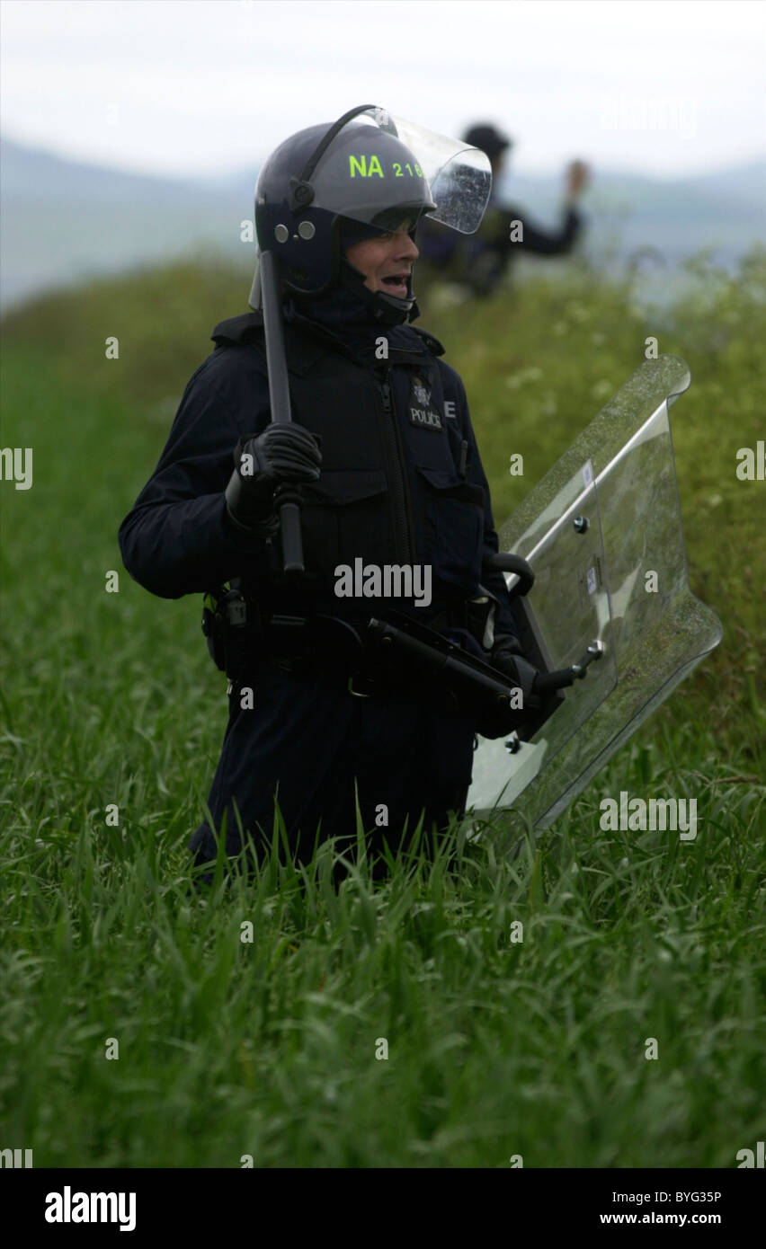 A riot Police Officer with Shield and Helmets policing the G8 Summit ...