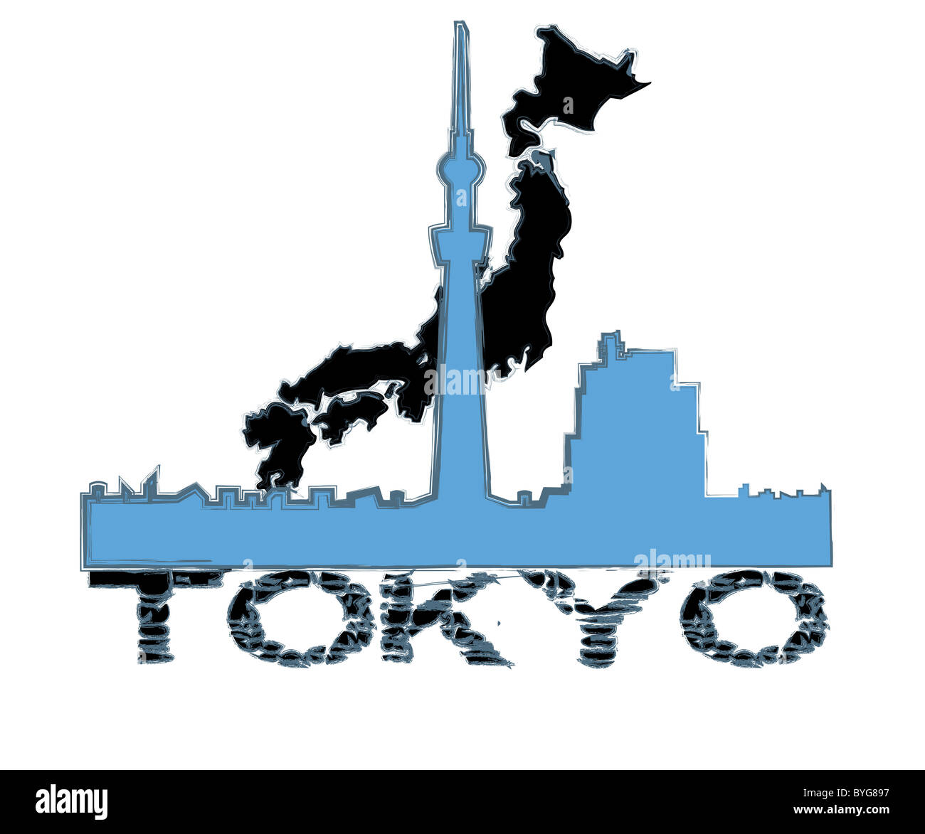 Concept of illustration of Tokyo with Sumida Tower and Japonese map ...
