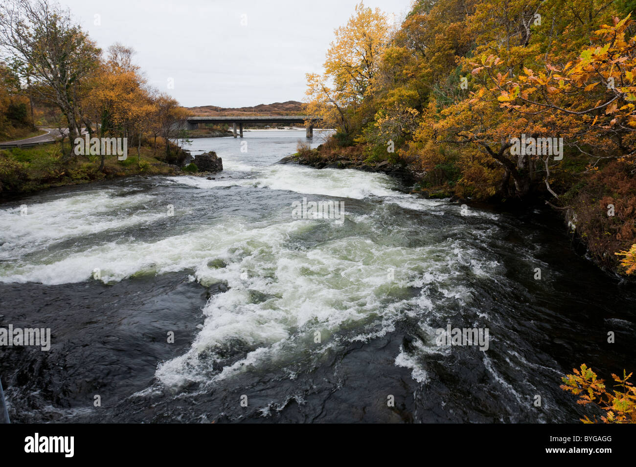 The fast flowing River Morar flows from Loch Morar under the railway ...