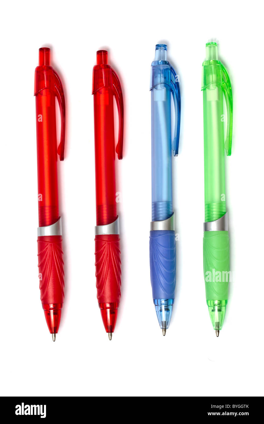 Colorful ball point pens isolated on white background Stock Photo - Alamy
