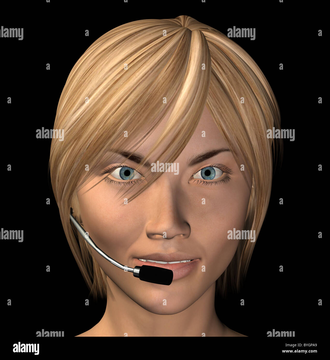 Smiling female operator with headset isolated on black background. 3d ...