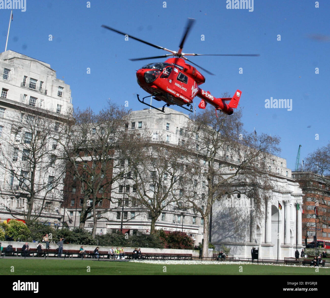 A Virgin air ambulance lifts off at Marble Arch after an incident in ...