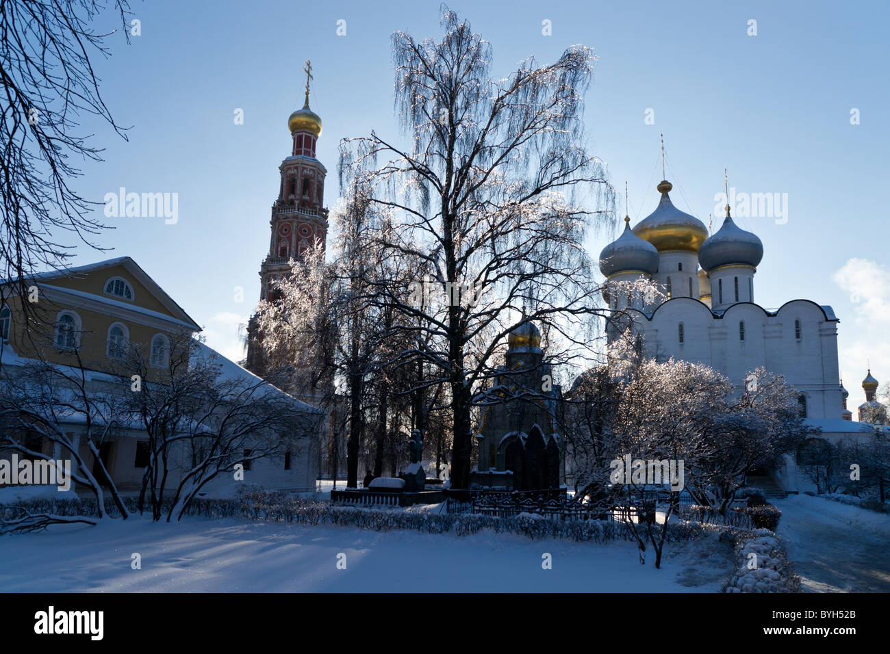Cathedral of Our Lady and belfry in Moscow Novodevichy monastery on a ...