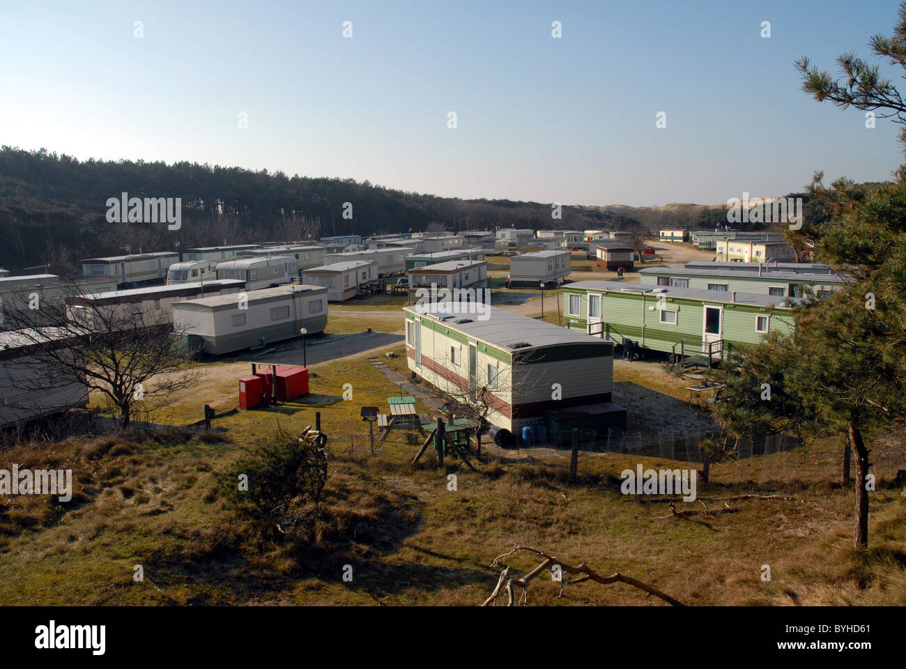 A trailer park in a pine forest near the sea at Formby, Merseyside ...