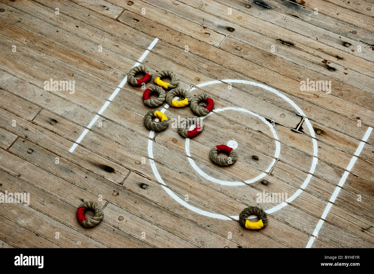The target and rope hoops laid out on the deck of a cruise ship for ...