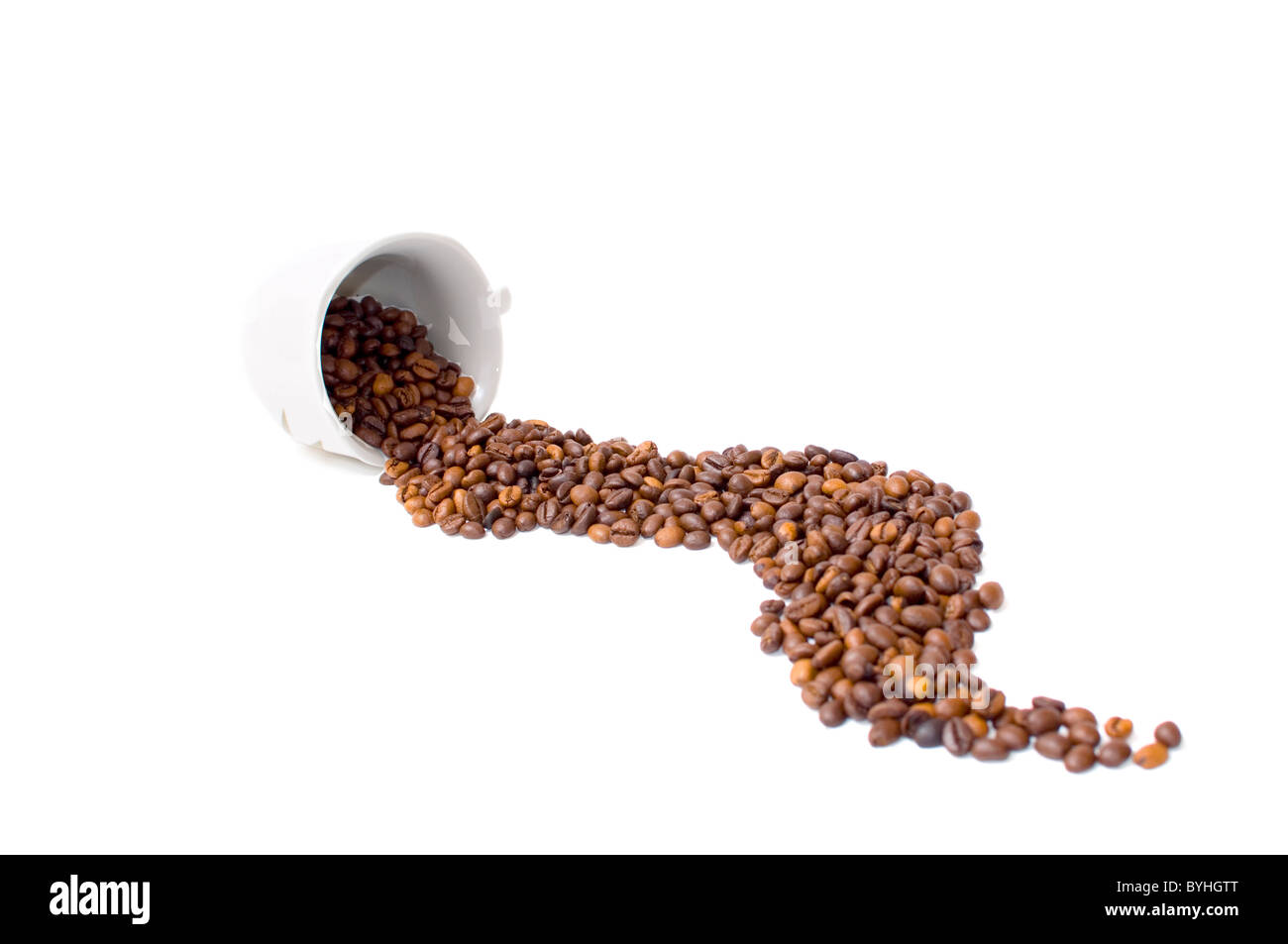 Coffe cup with coffe beans inside and falling out, on white background ...