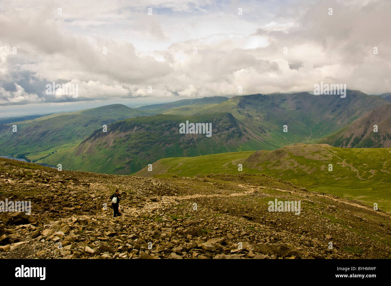 Rear view of walkers on the descent path from Scafell Pike Summit ...