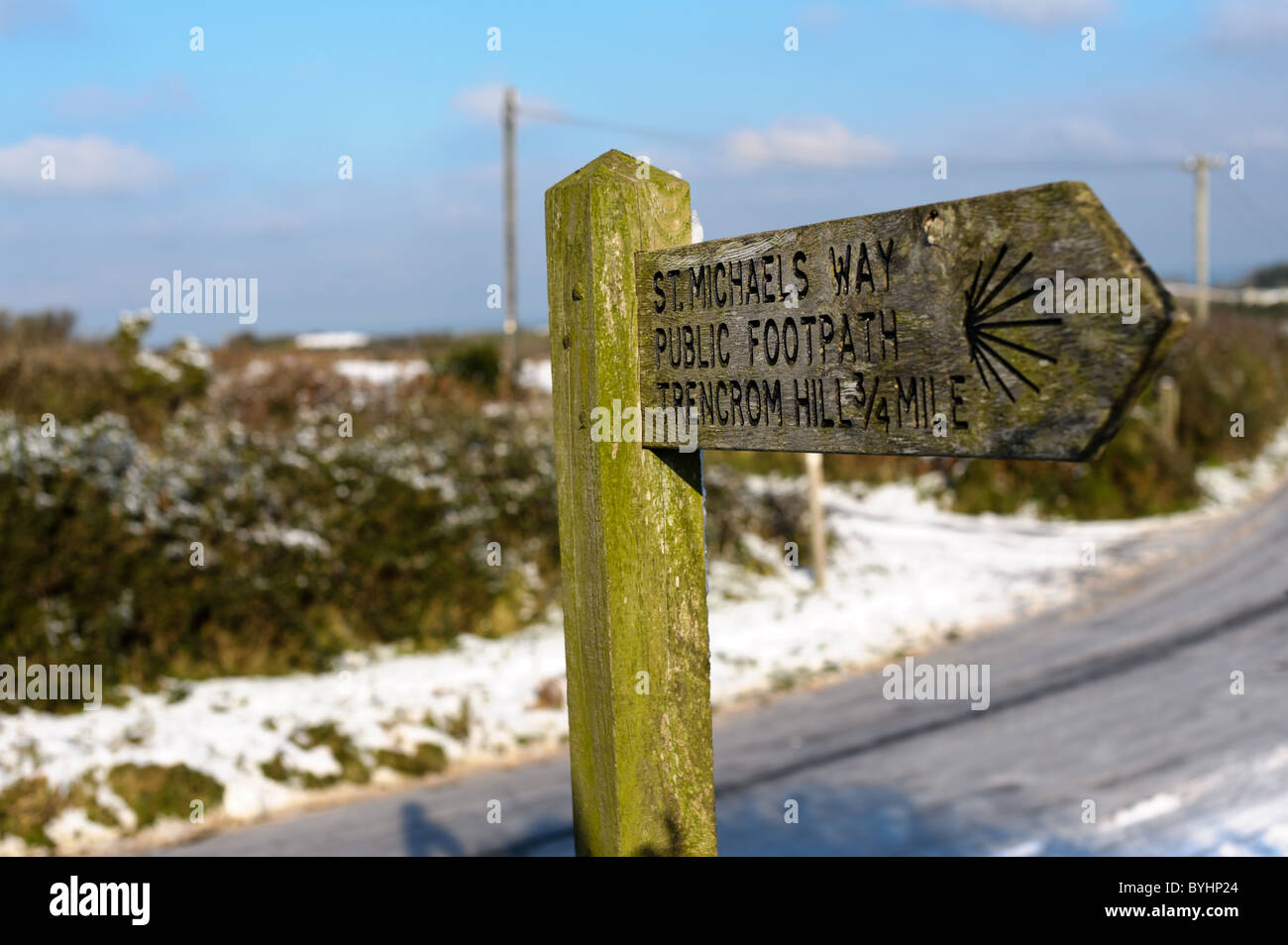 A sign showing the St Michaels Way public footpath trail in Cornwall ...