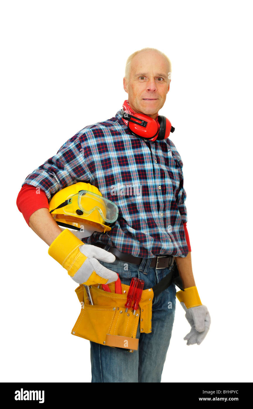 Mature construction worker isolated in white Stock Photo - Alamy