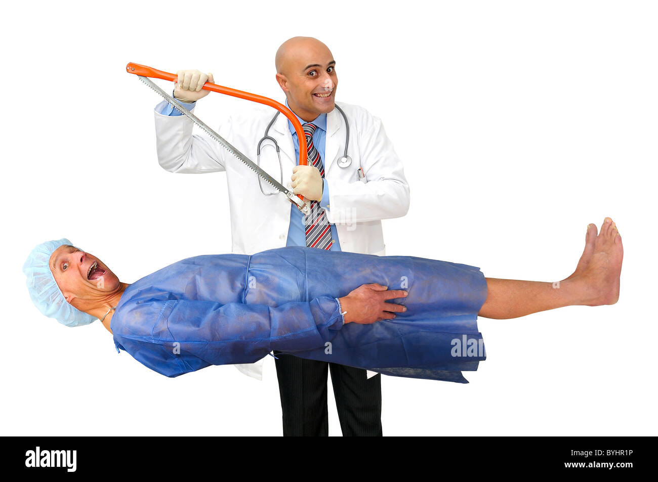 Doctor examining a patient with a big saw isolated in white Stock Photo ...