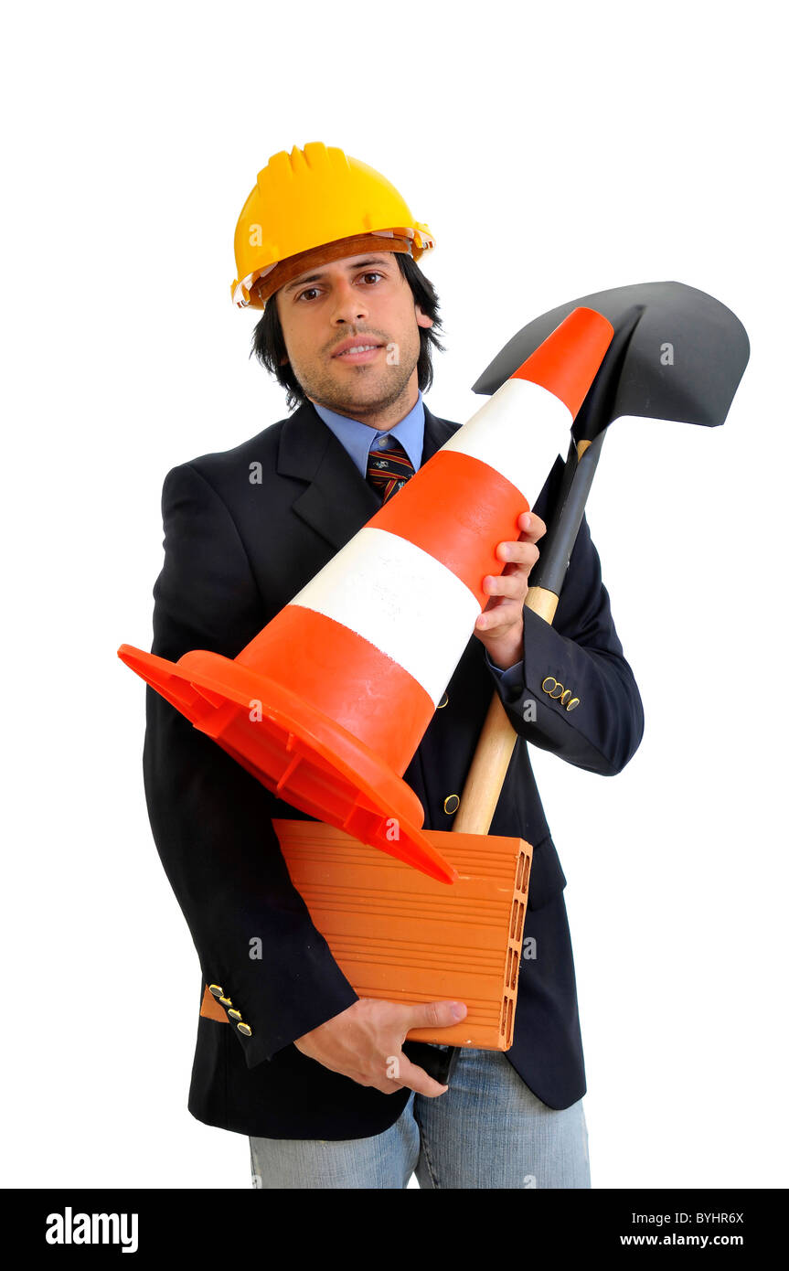 Engineer with helmet isolated in white Stock Photo - Alamy
