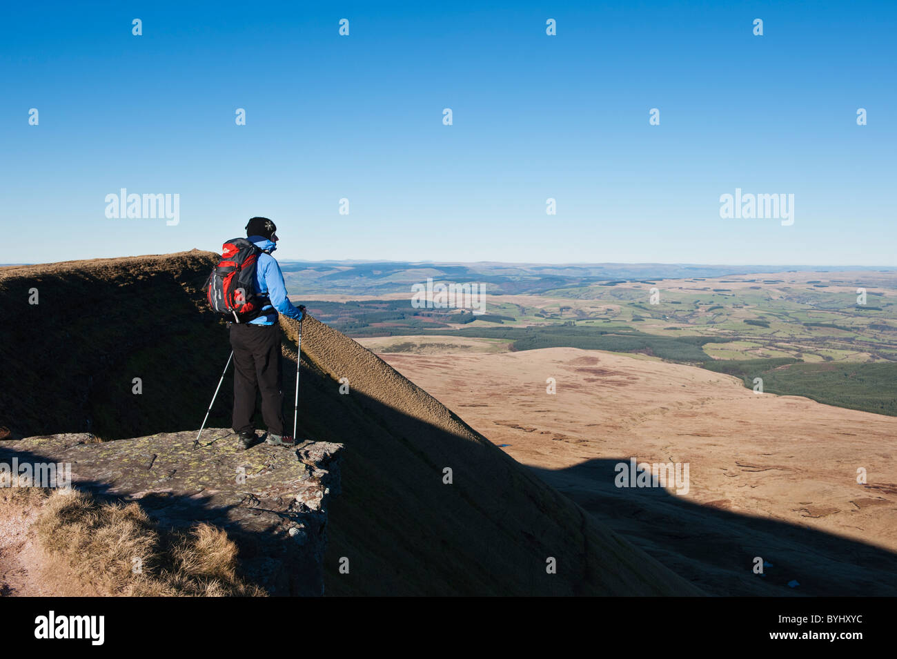 Female hiker enjoying view from near summit of Fan Brycheiniog in Black ...