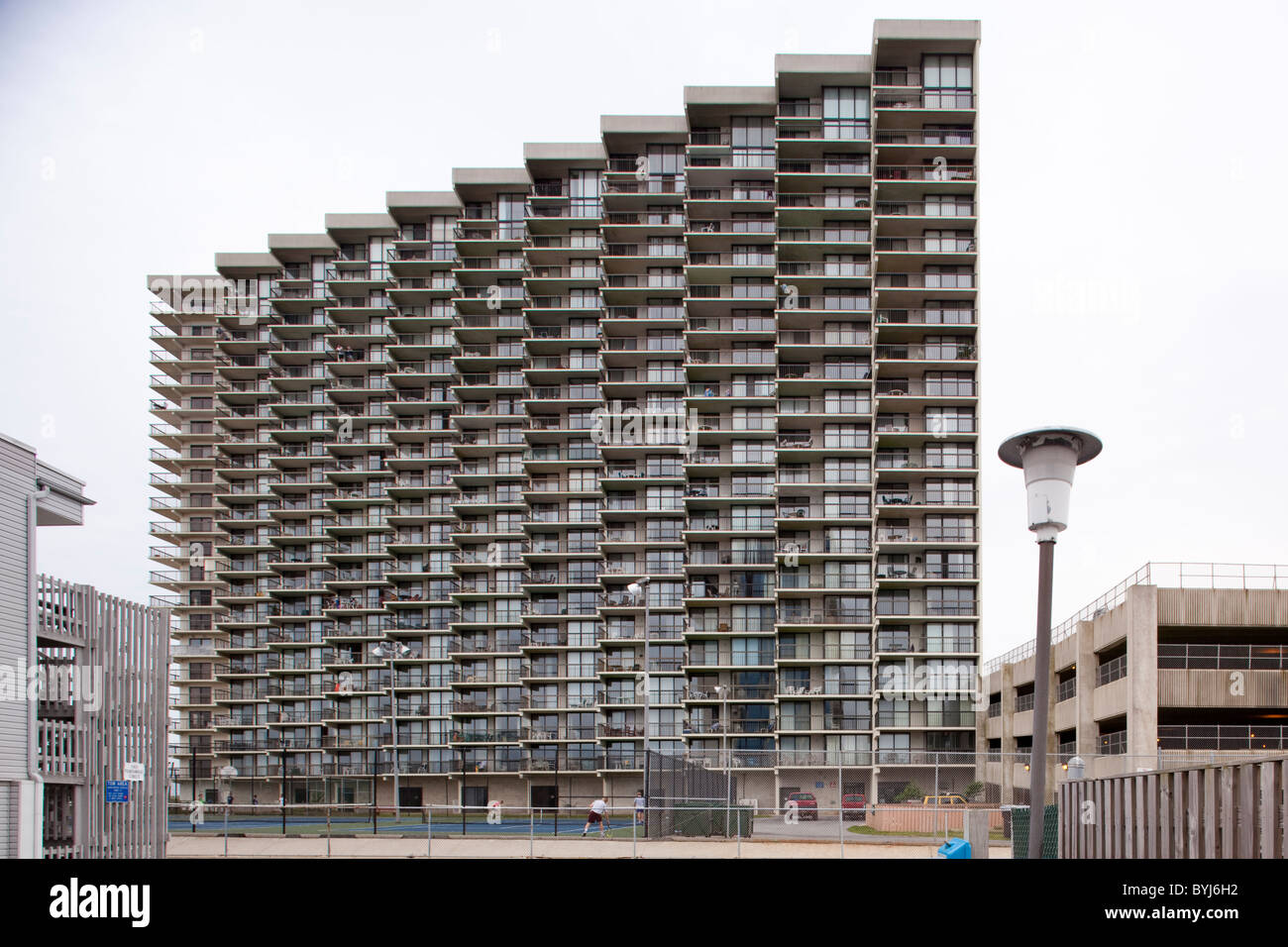 USA, Maryland, Ocean Beach, Massive wall of balconies at high rise Sea ...