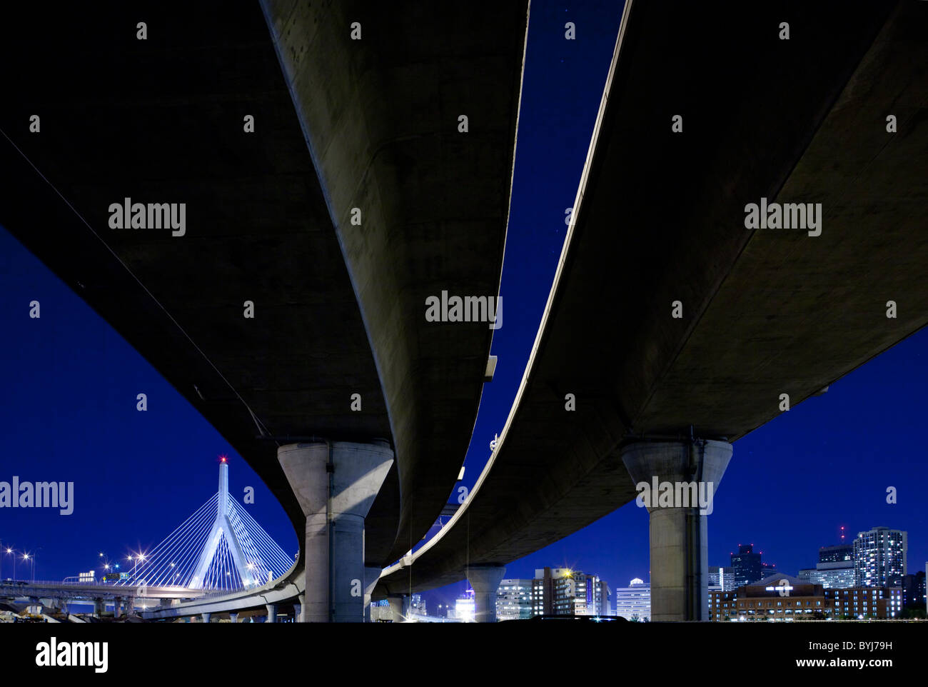 USA, Massachusetts, Boston, Concrete highway overpass and Leonard P ...