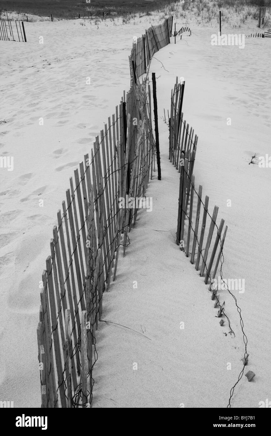 USA, Massachusetts, Chatham Beach, Cyclone fence in sand dunes along Atlantic Ocean at Cape Cod ...