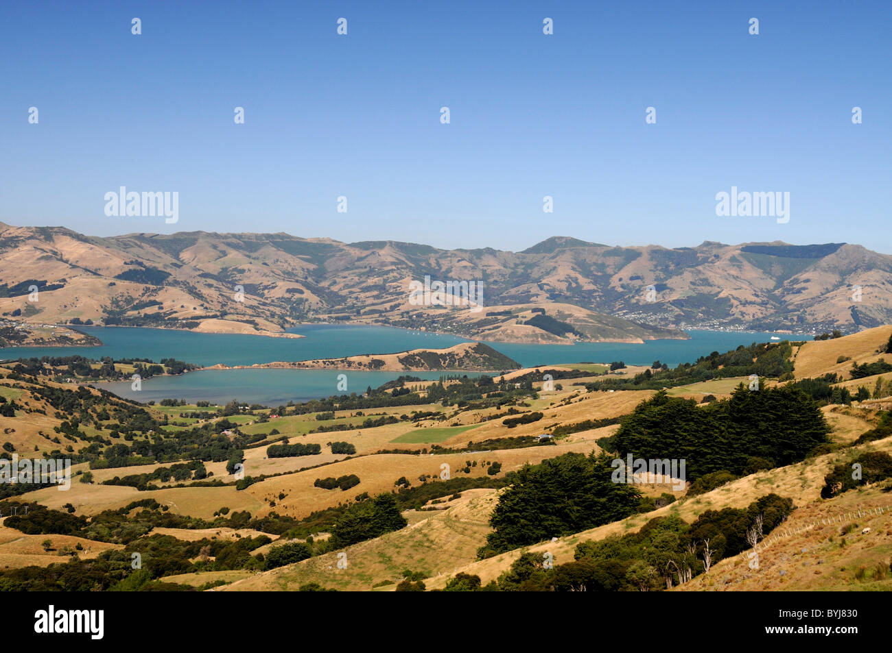 Akaroa Bay from a high viewpoint on the Tourist Route along the Summit ...