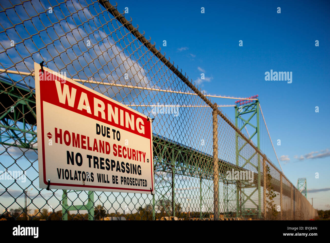 USA, Michigan, Detroit, Homeland Security Warning Sign beneath ...