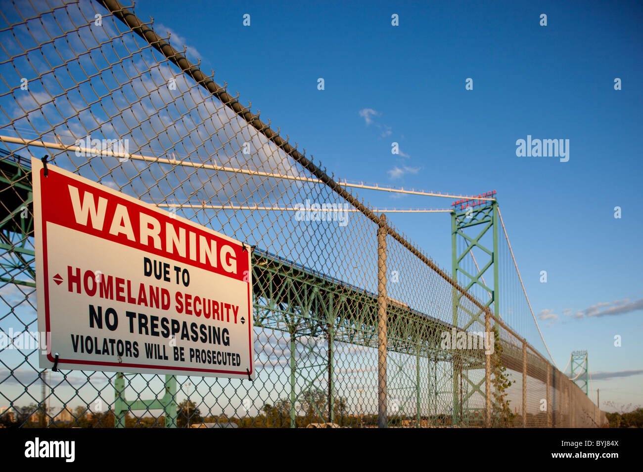 USA, Michigan, Detroit, Homeland Security Warning Sign beneath ...