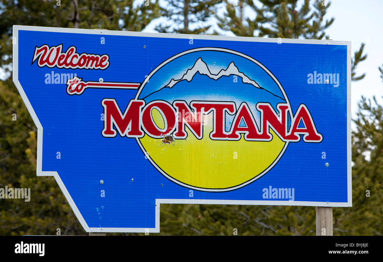USA, Montana, West Yellowstone, Welcome to Montana sign along US ...