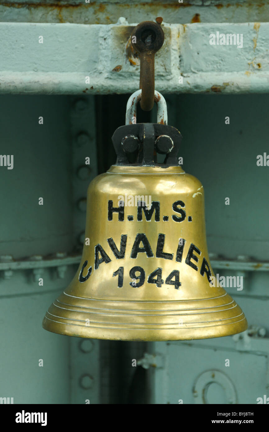 The bell of the destroyer HMS Cavalier at the Chatham Historic Dockyard ...