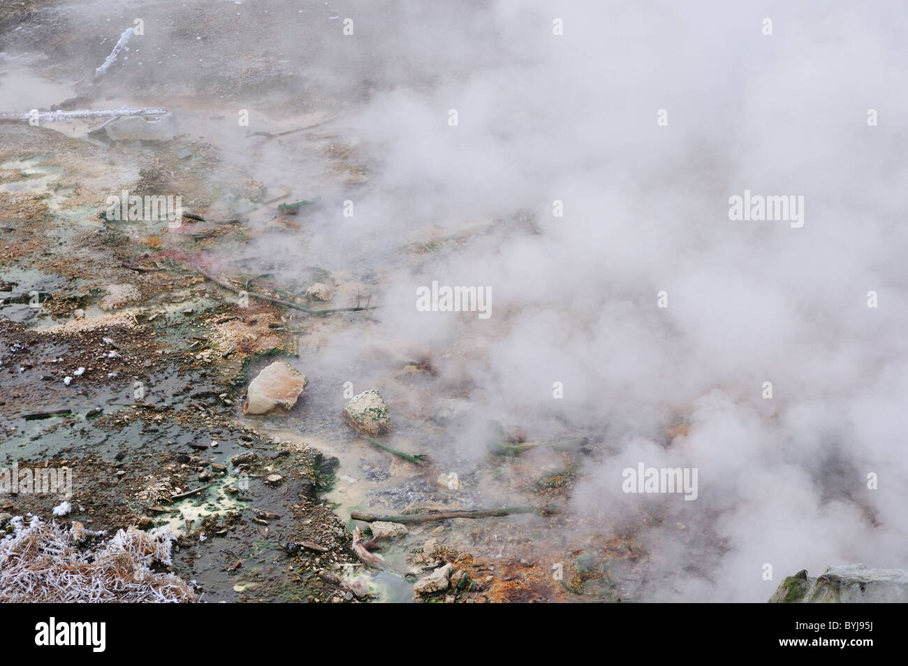 Steam rising from the boiling water of a hot spring. Yellowstone ...