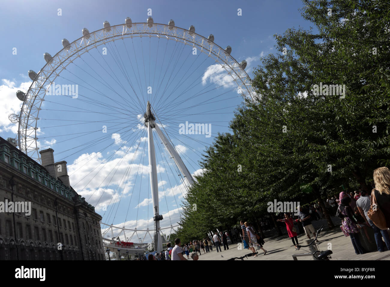 Angled aspect of the London Eye on the Southbank near Waterloo Station ...