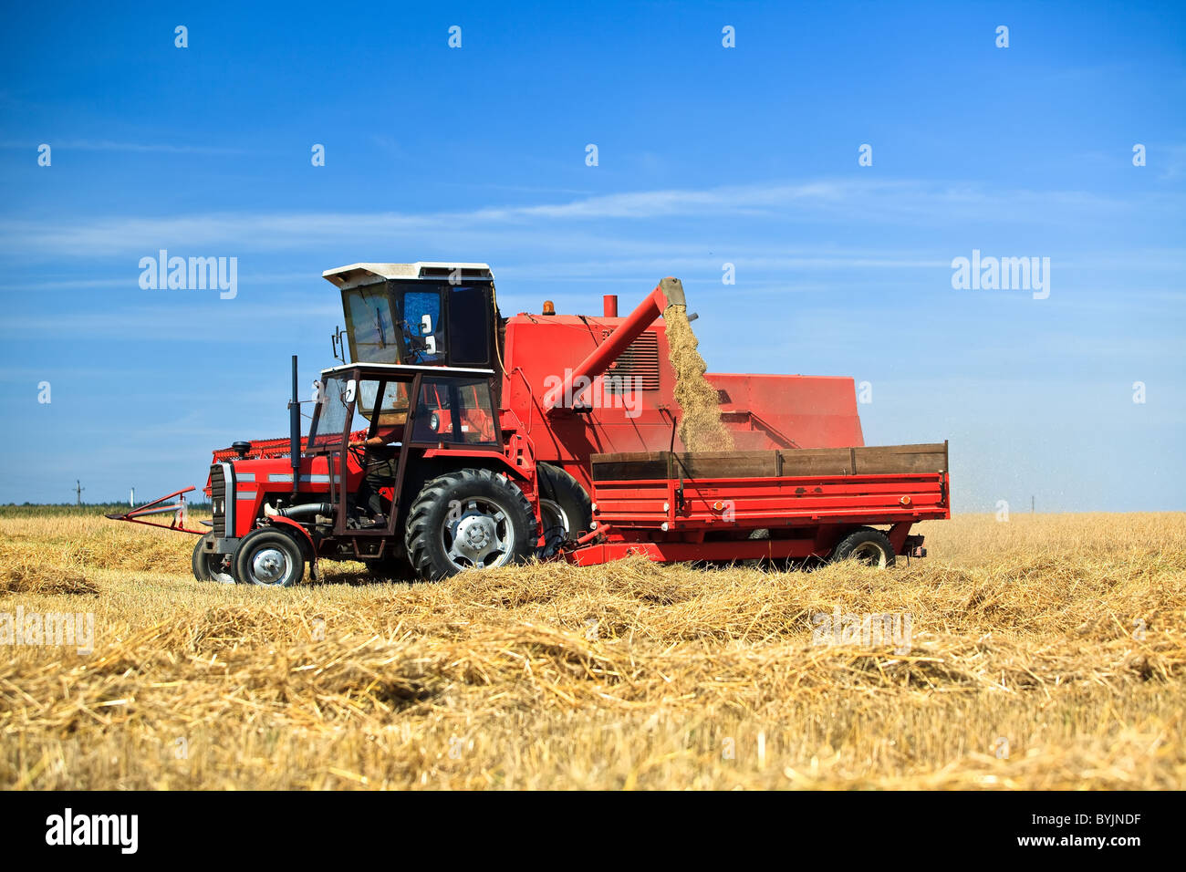 Tractor and combine harvesting wheat Stock Photo - Alamy