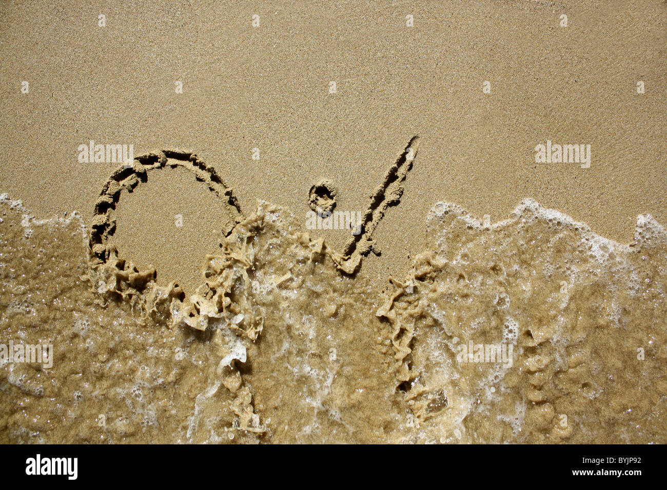 "0%" written out in wet sand, being washed away by the sea. Please see ...