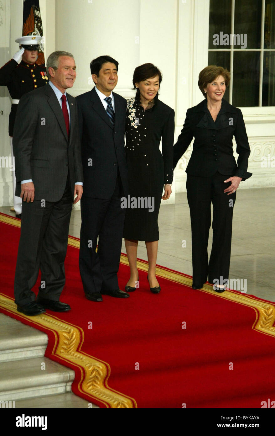 President George W. Bush and First Lady Laura Bush greet Japanese Prime ...