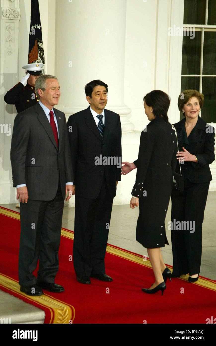 President George W. Bush and First Lady Laura Bush greet Japanese Prime ...