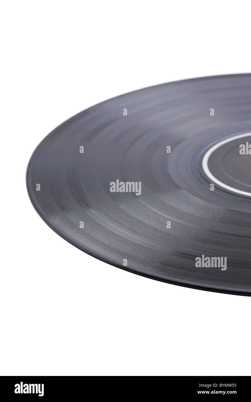 Dusty vinyl record with black label isolated on white background. Focus ...