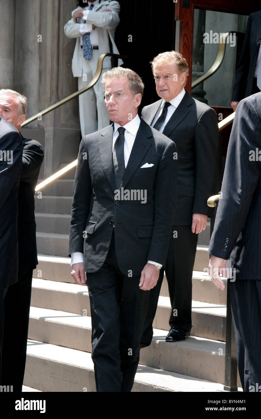 Calvin Klein and Regis Philbin depart the funeral of Claudia Cohen held ...