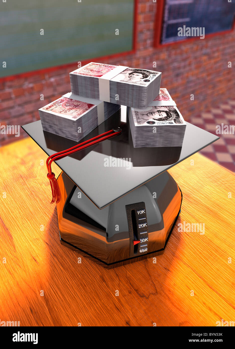 Piles of British bank note stacked on top of graduation hat like ...