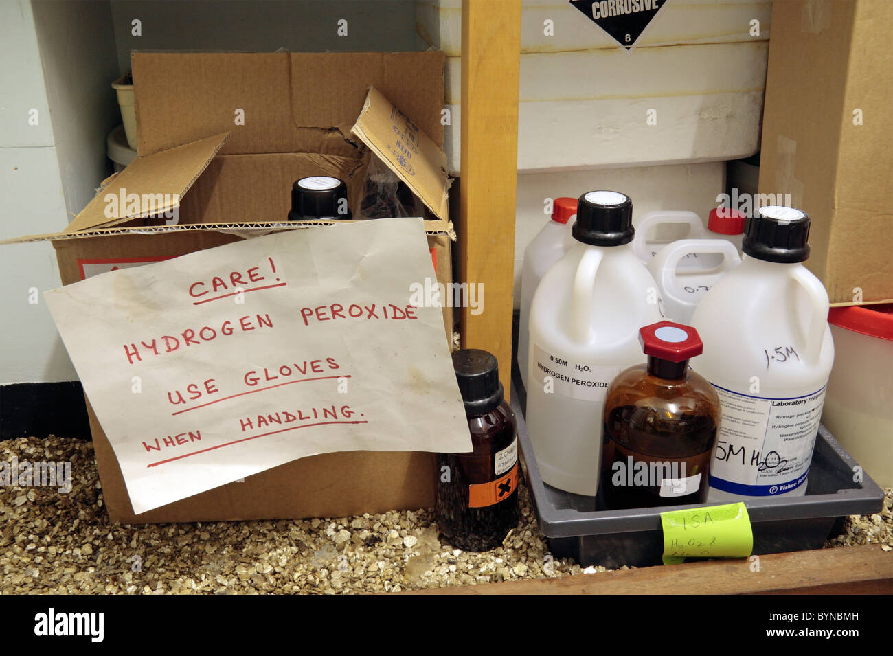 Warning sign on a container of hydrogen peroxide in a school chemical ...