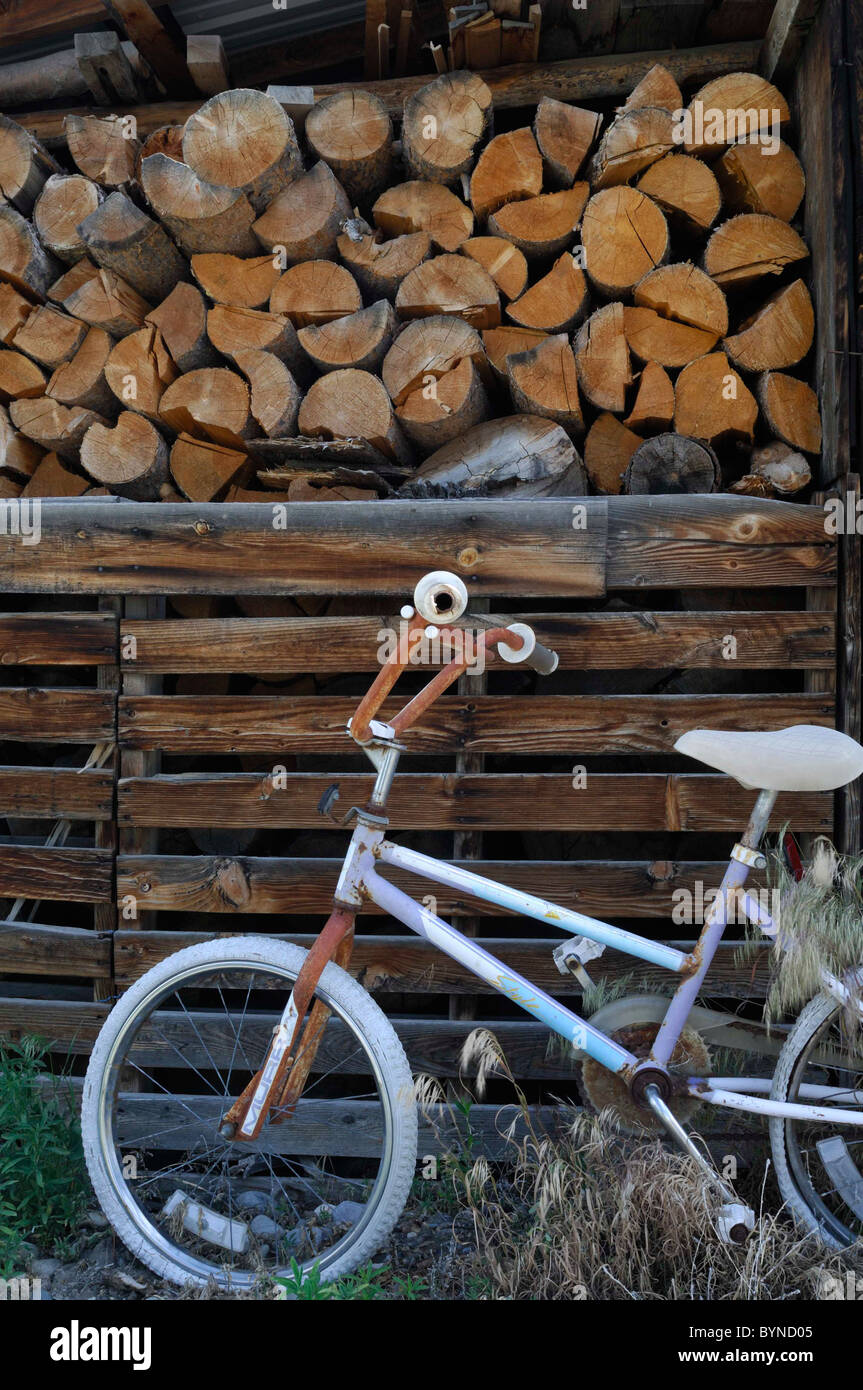 Log Cabin, firewood, bicycle, Idaho, Salmon, Idaho Stock Photo - Alamy