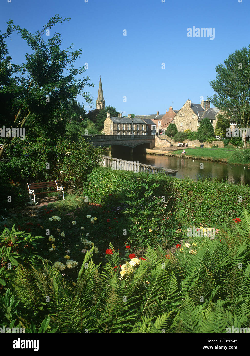 A summer view of Oldgate Bridge over the River Wansbeck in Morpeth ...