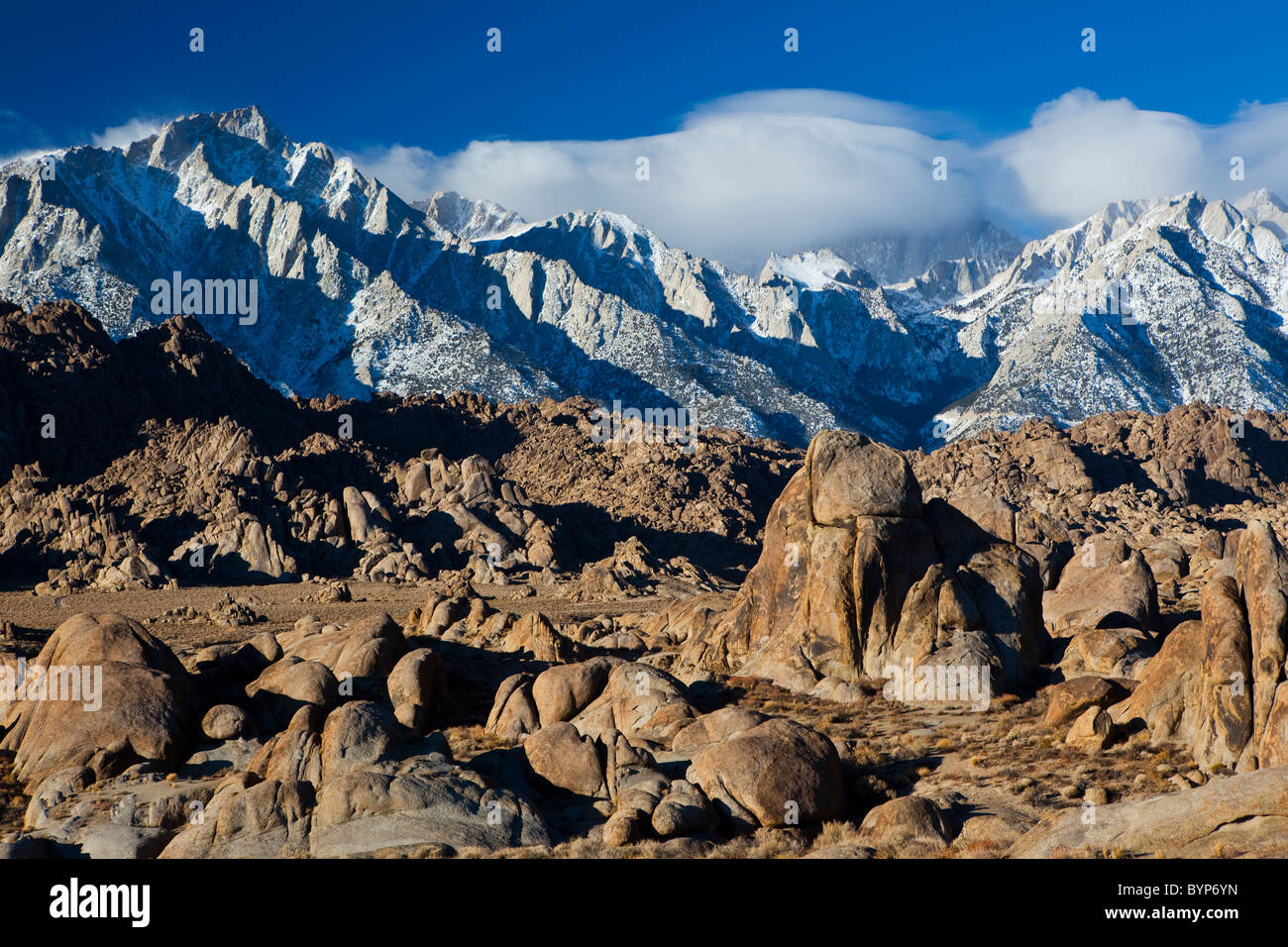 Sunrise in the Alabama Hills with Lone Pine Peak, Mt. Whitney and the ...