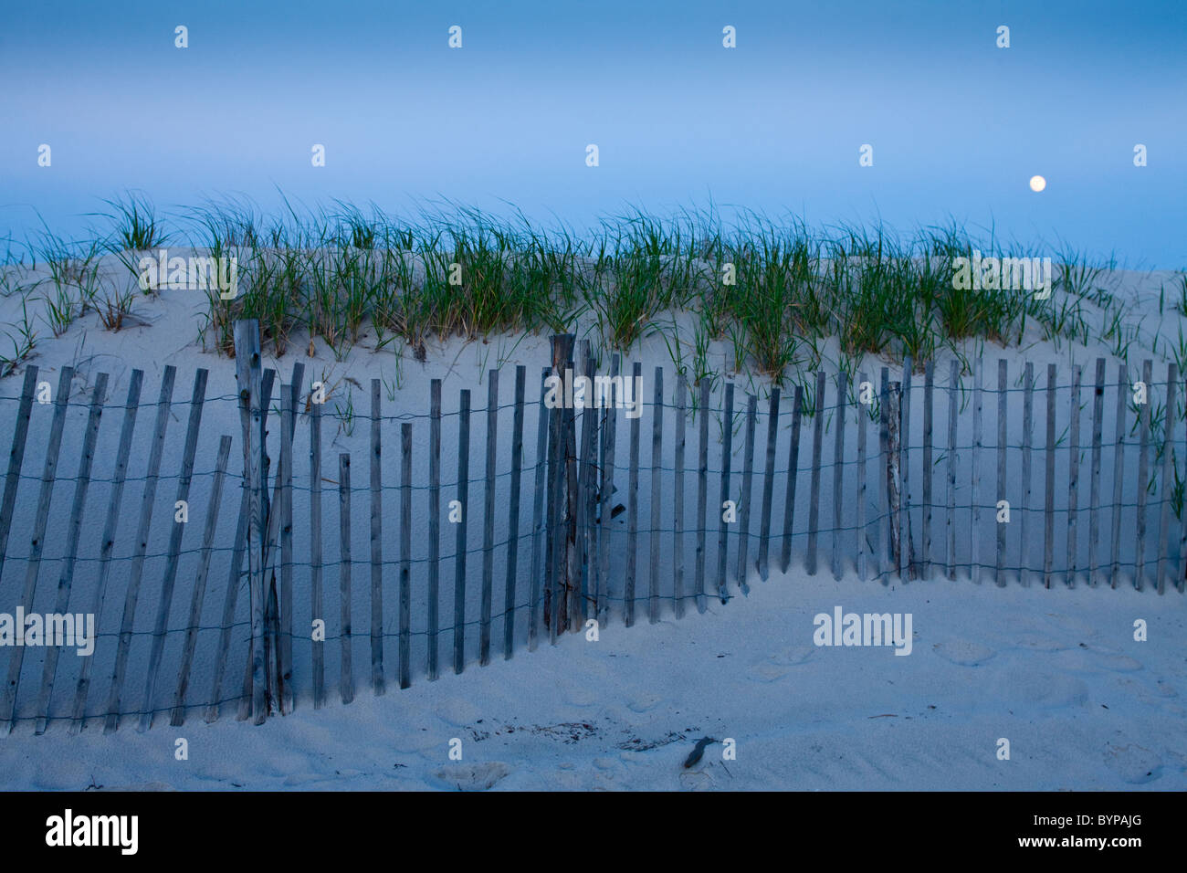 USA, New Jersey, Seaside Park, Full moon rises above sand dunes at dusk ...